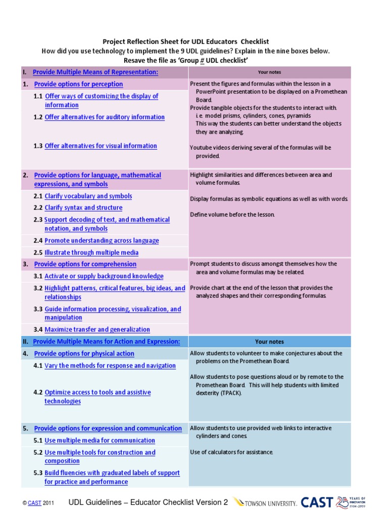 Educator's Checklist | Goal | Information