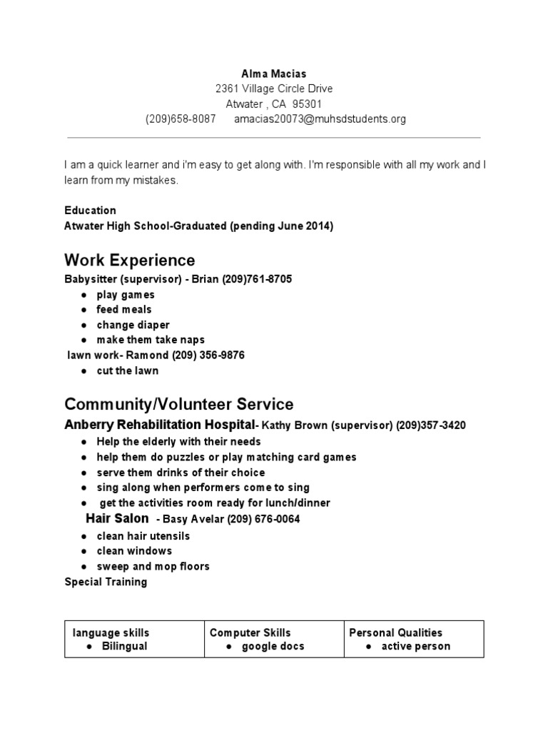 Atwater High School Graduate Resume | PDF