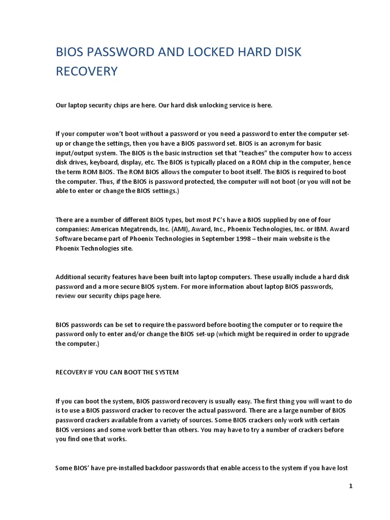 BIOS Password and Locked Hard Disk Recovery | PDF | Bios | Booting