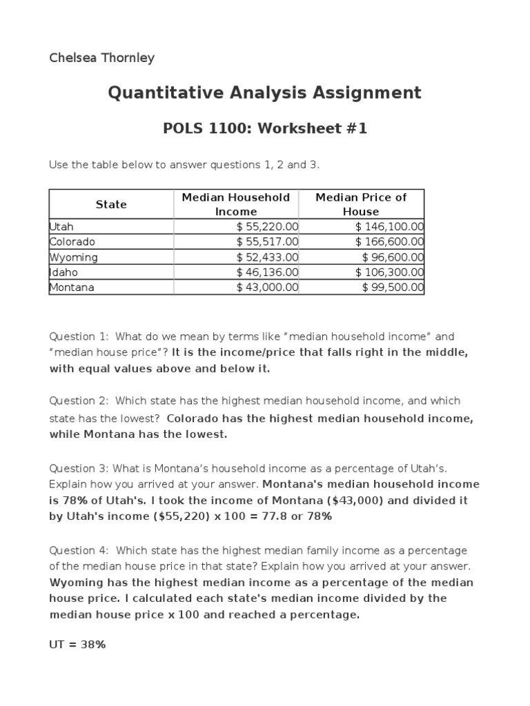 Quantitative Analysis Assignment: POLS 1100: Worksheet #1 | PDF ...