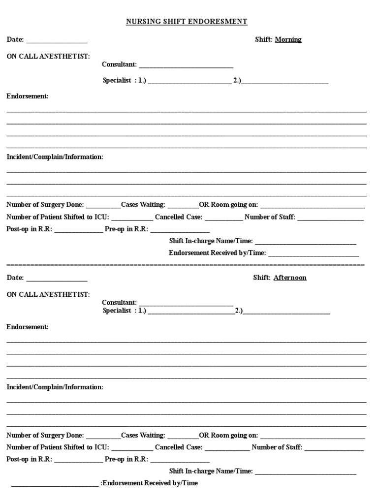 Nursing Shift Endorsement | Intensive Care Unit | Patient