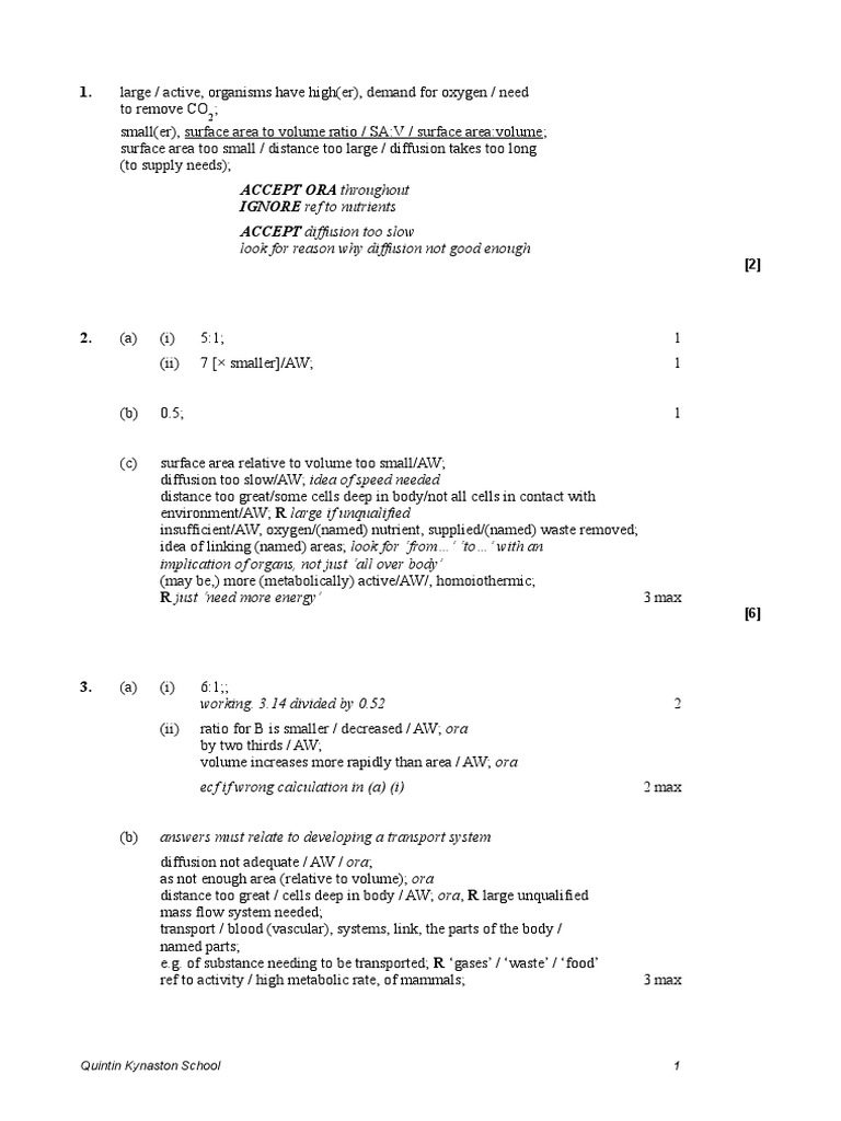 SA to Vol Ratio Answers WORK SHEET AS BIOLOGY | Diffusion | Surface Area