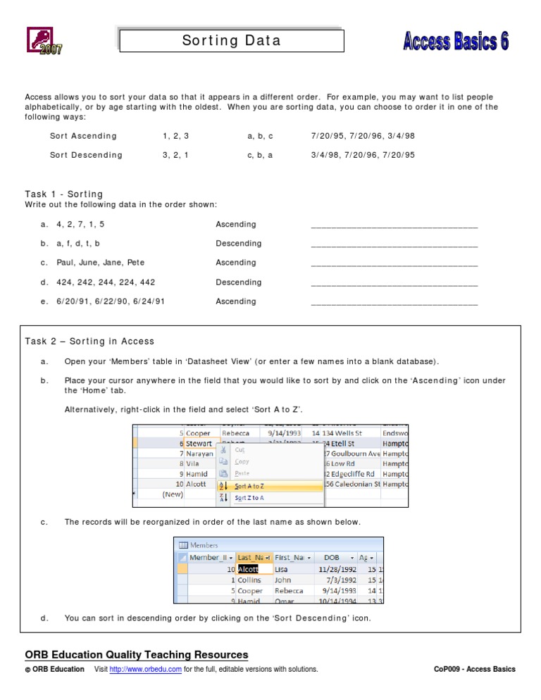 Access Data Sorting Basics Guide | PDF | Lesson Plan | Teaching Mathematics