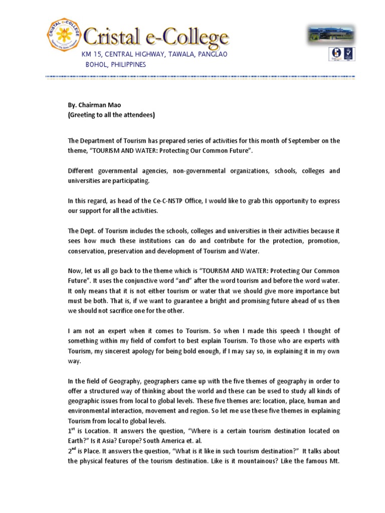 Speech of Tourism Day | PDF | Water Resources | Tourism