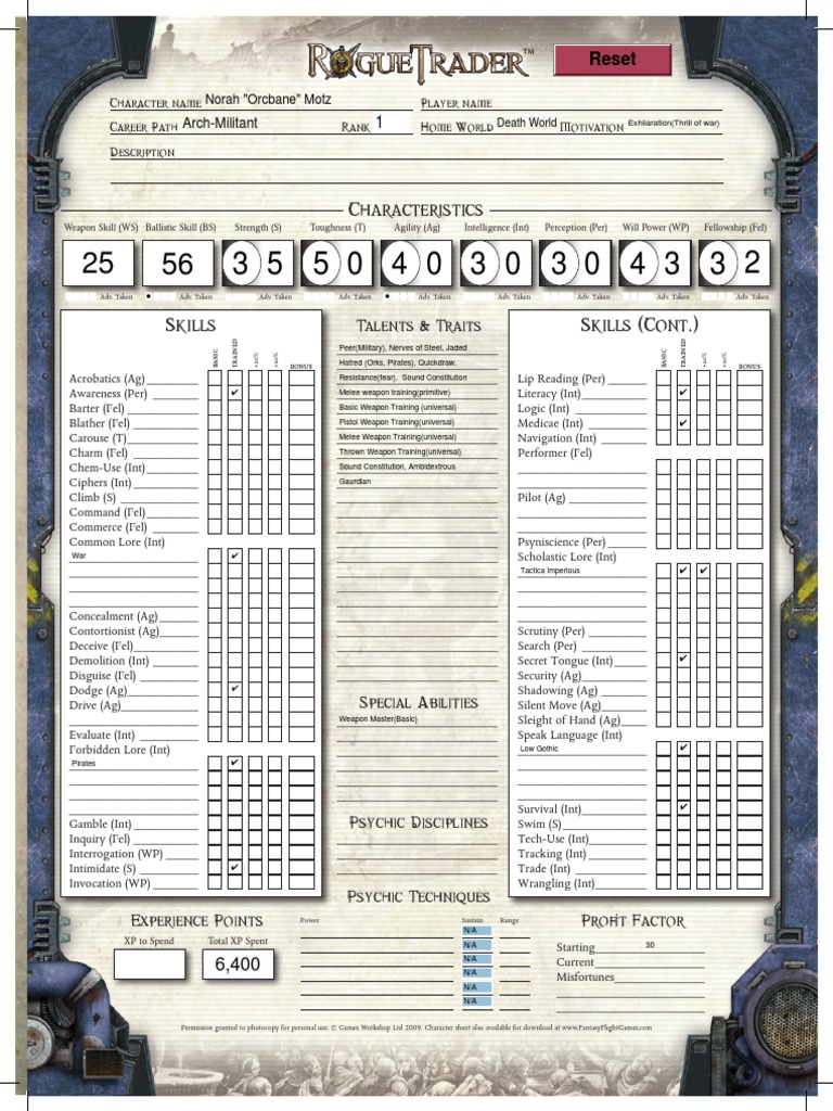 Rogue Trader Character Sheet Norah | PDF