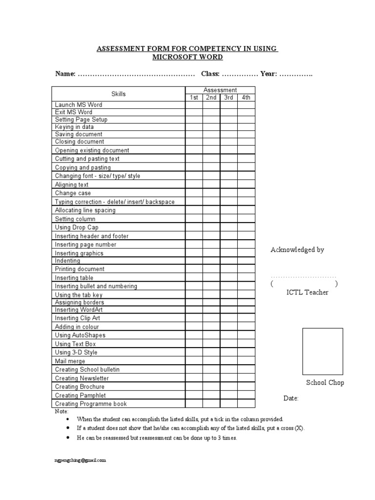 Assessment Form For Competency in Using Microsoft Word Name: Class ...