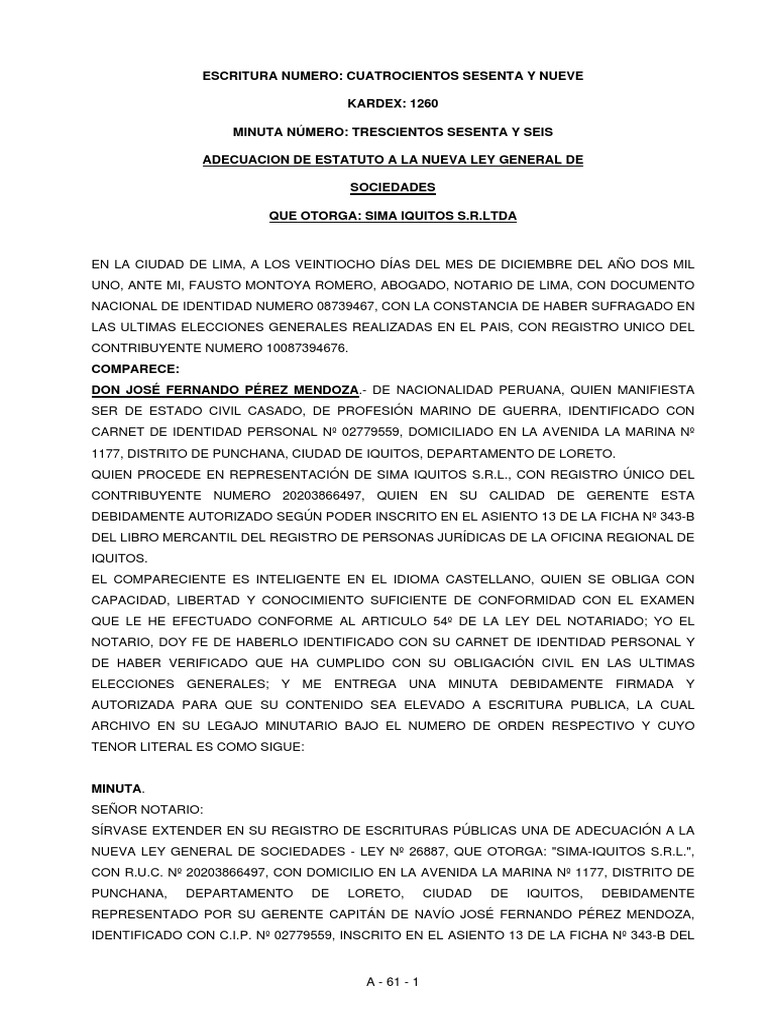 Adecuación Estatuto SIMA Iquitos S.R.L. | PDF