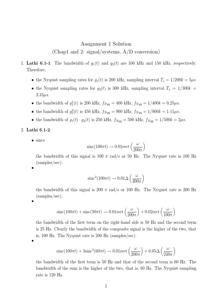 Assignment1 Solution | PDF | Sampling (Signal Processing) | Bandwidth (Signal Processing)