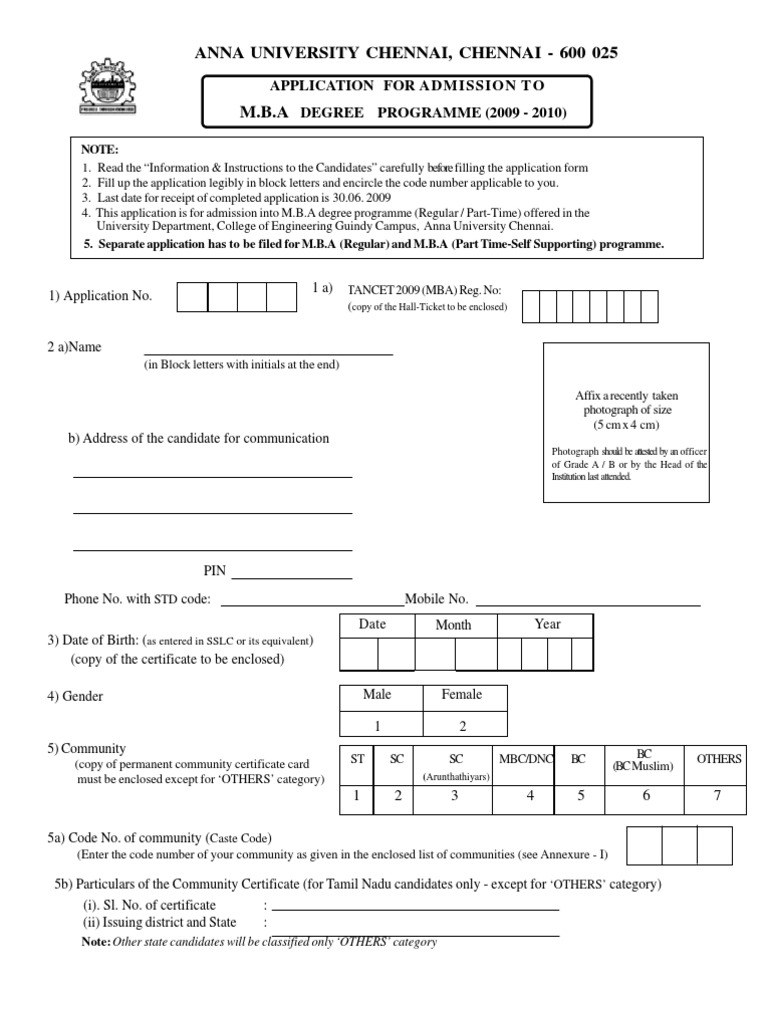 Anna University Chennai, Chennai - 600 025: Application For Admission T ...