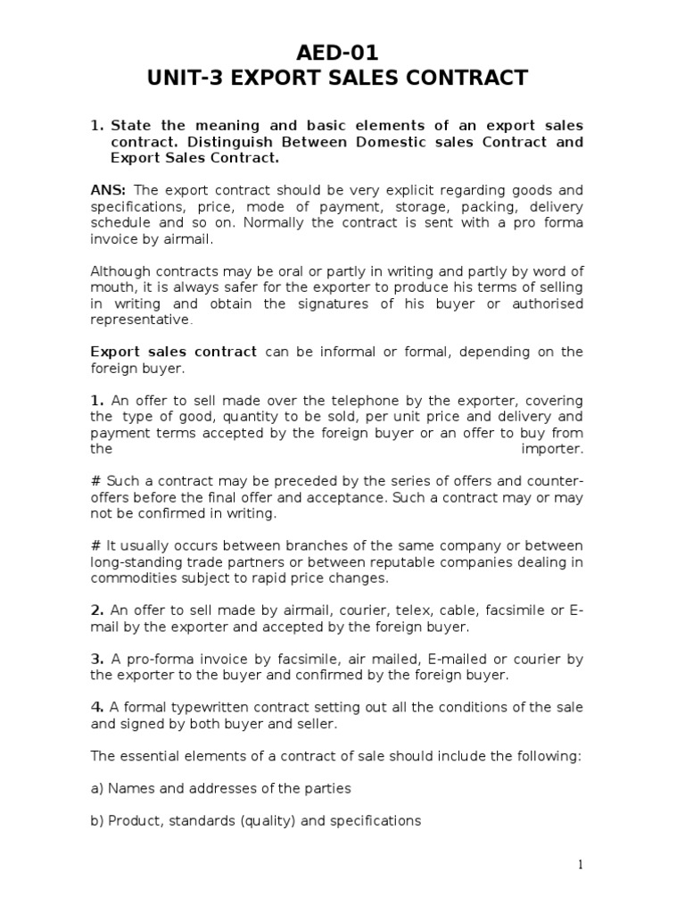 Aed-1 Unit-3 Export Sales Contract | PDF | Trade | Business Law