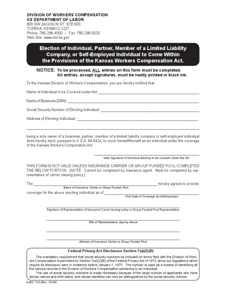 Kansas Workers Comp Election Form | PDF | Workers' Compensation ...