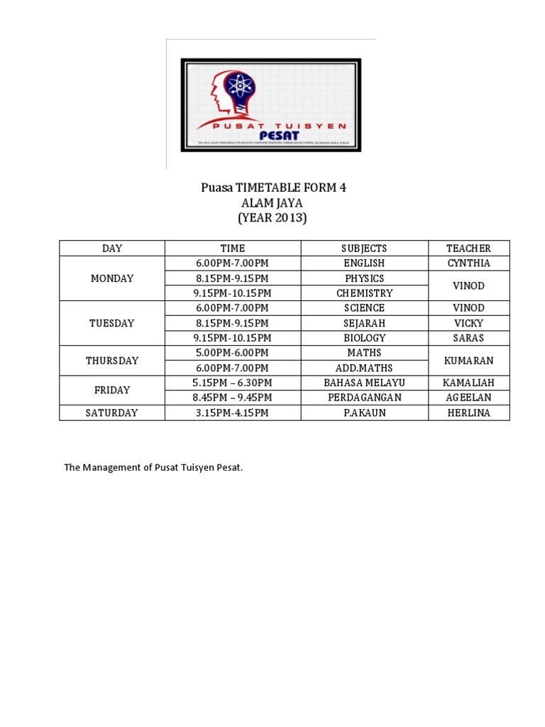 Puasa Timetable Form 4 Alam Jaya (YEAR 2013) | PDF | Wellness