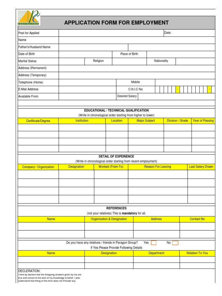 Application Form For Employment | PDF