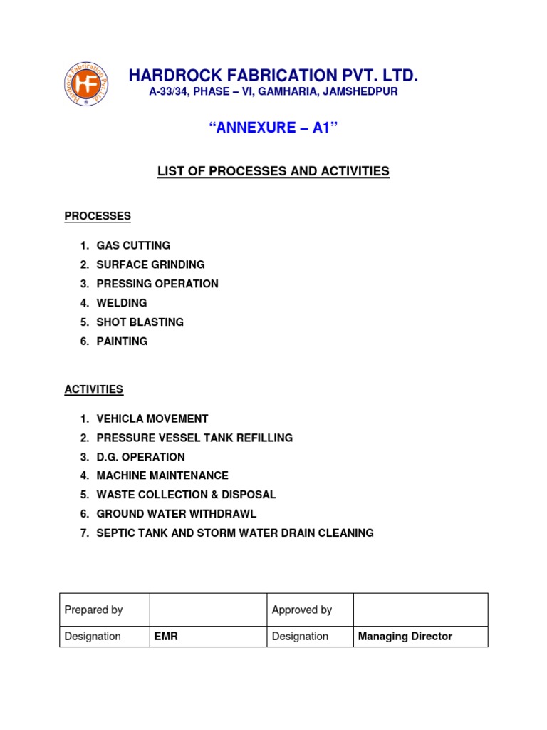 Hardrock Fabrication Pvt. LTD.: "Annexure - A1" | PDF | Technology & Engineering