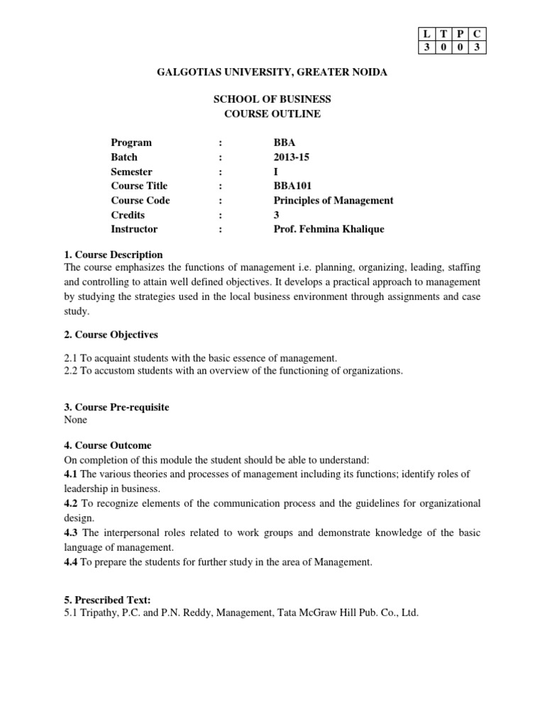 Principles of Management Syllabus | PDF | Corporate Social ...