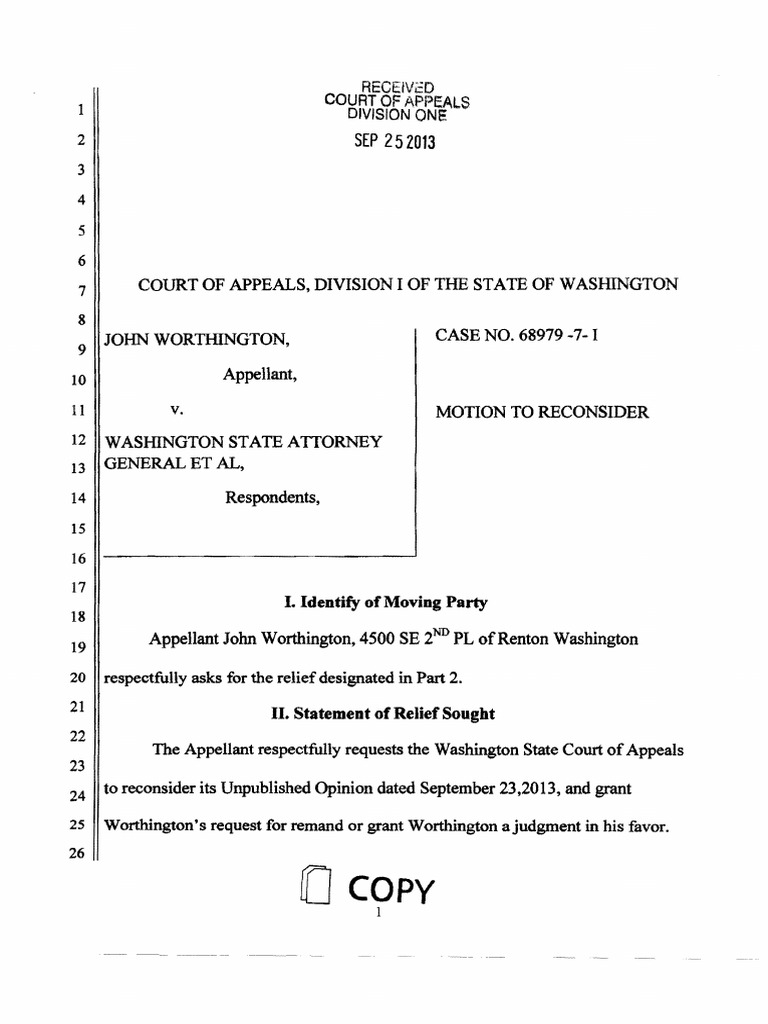 Motion to Reconsider Worthington v Wa Ag Et Al | Estoppel | Collateral ...
