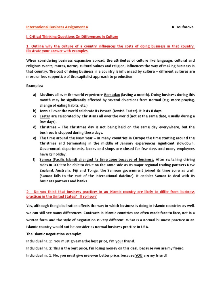 International Business Assignment Nr. 4 - Differences in Culture ...