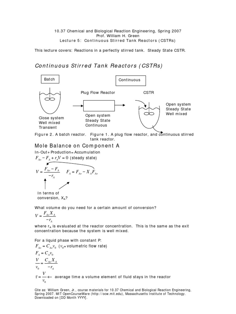 Continuous Stirred Tank Reactors (CSTRS) : Mole Balance On Component A ...