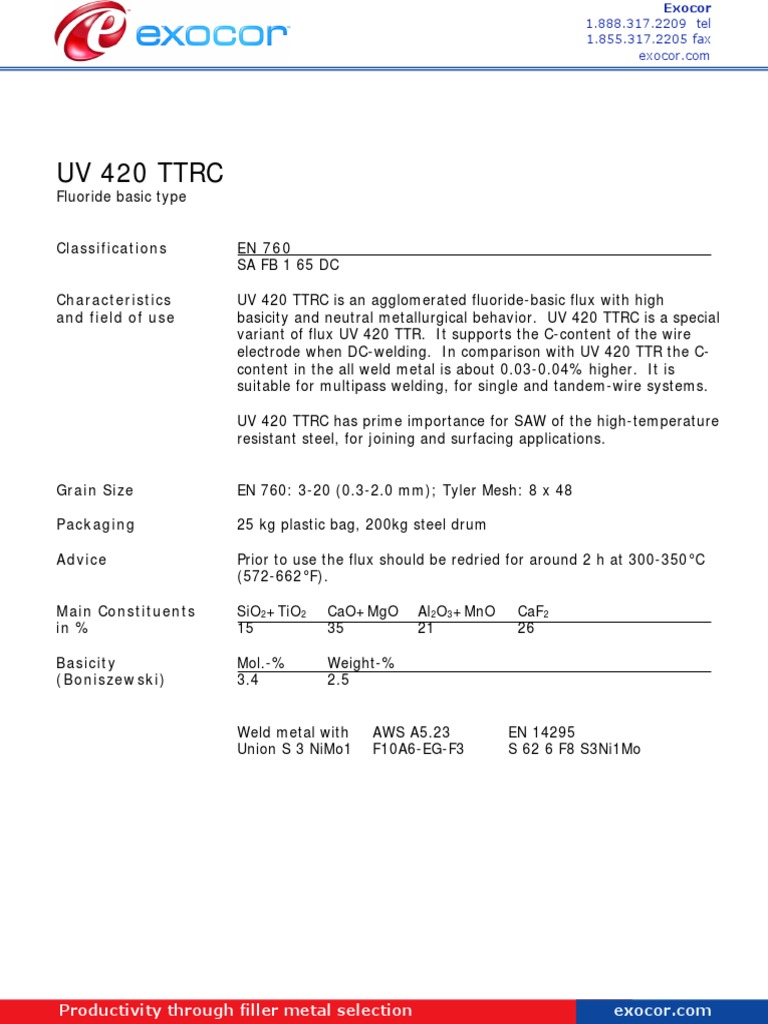 UV 420 TTRC Flux for Welding Applications | PDF | Technology & Engineering