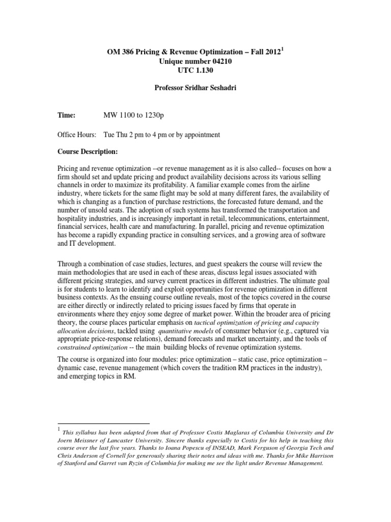 OM 386 - Pricing and Revenue Optimization (Seshadri) PDF | PDF | Microsoft Windows | Retail