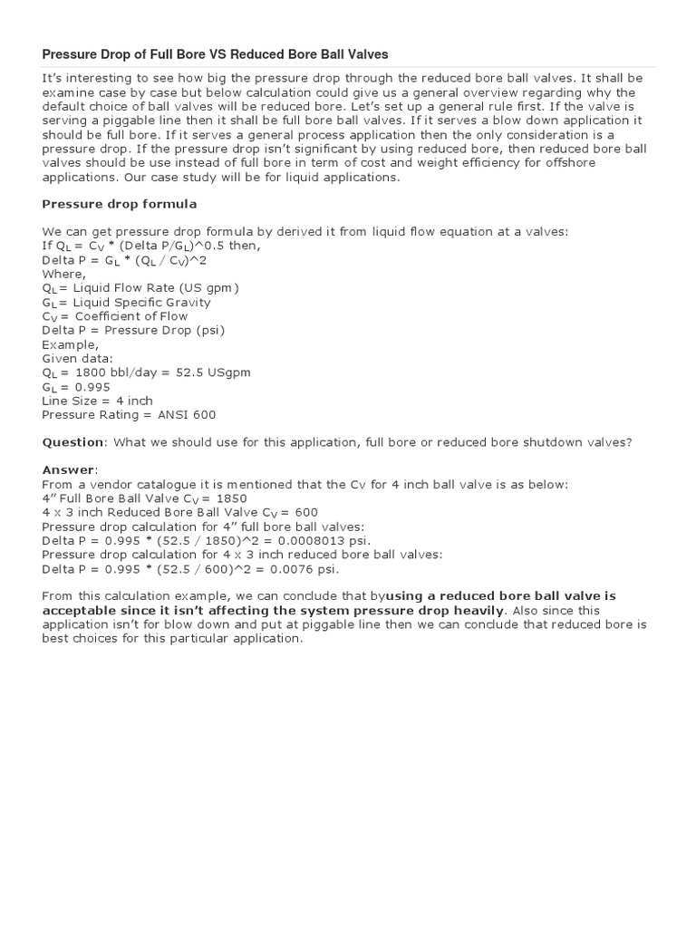 Pressure Drop of Full Bore Vs Reduced Bore Ball Valves | PDF