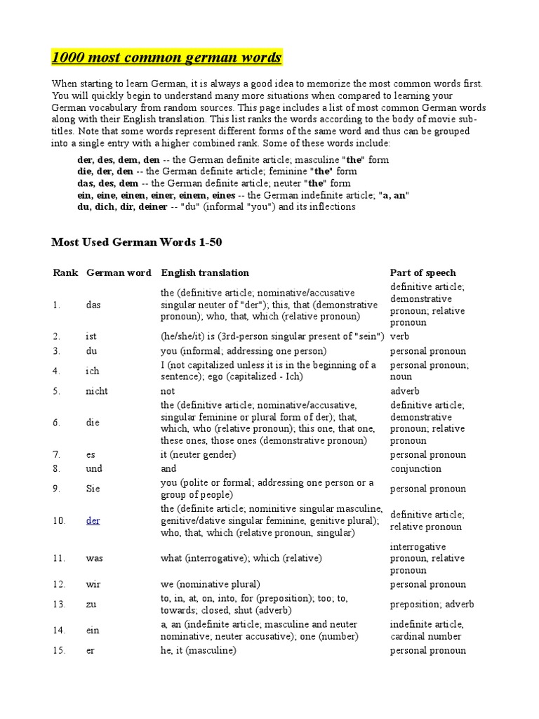 1000 Common German Words List | PDF | Grammatical Gender | Grammatical ...