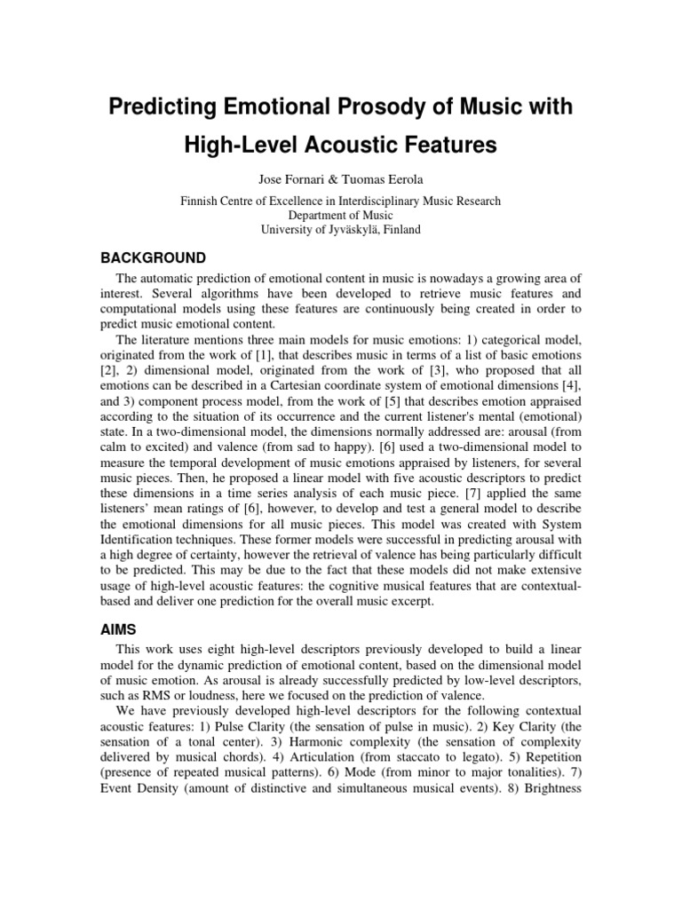 High-Level Features in Music Emotion Prediction | PDF | Prediction ...