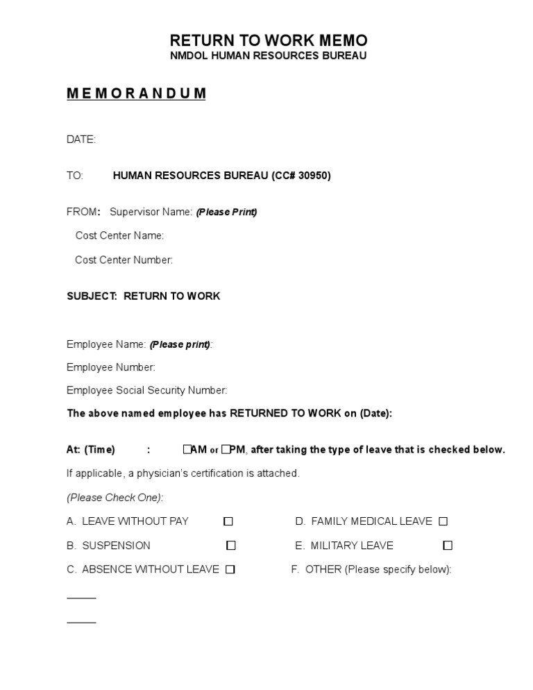 Return to Work Memo Template | PDF | Labor | Economies