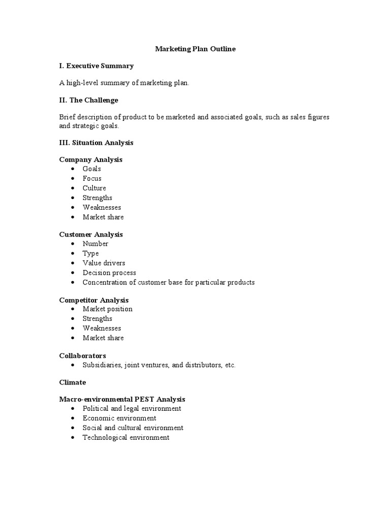 Marketing Plan Outline | PDF | Strategic Management | Distribution ...