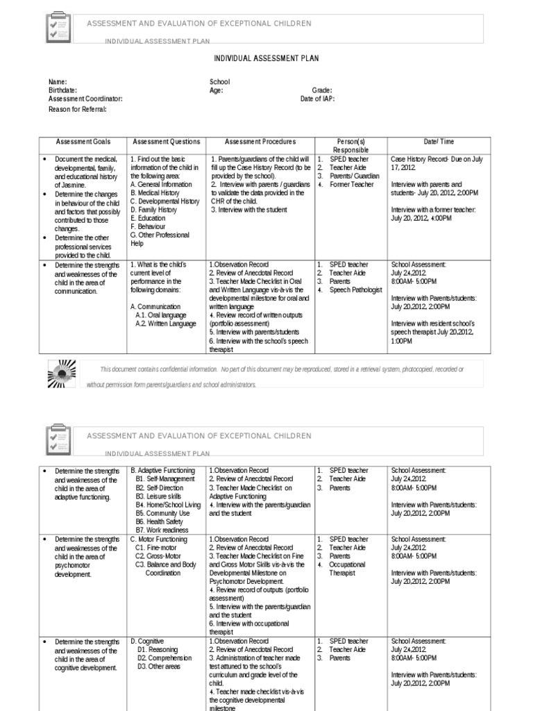 Individual Assessment Plan | PDF | Individualized Education Program ...