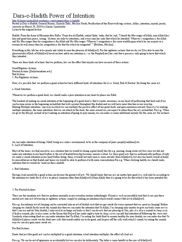 Dars-E-Hadith Power of Intention | PDF | God In Islam | Hadith