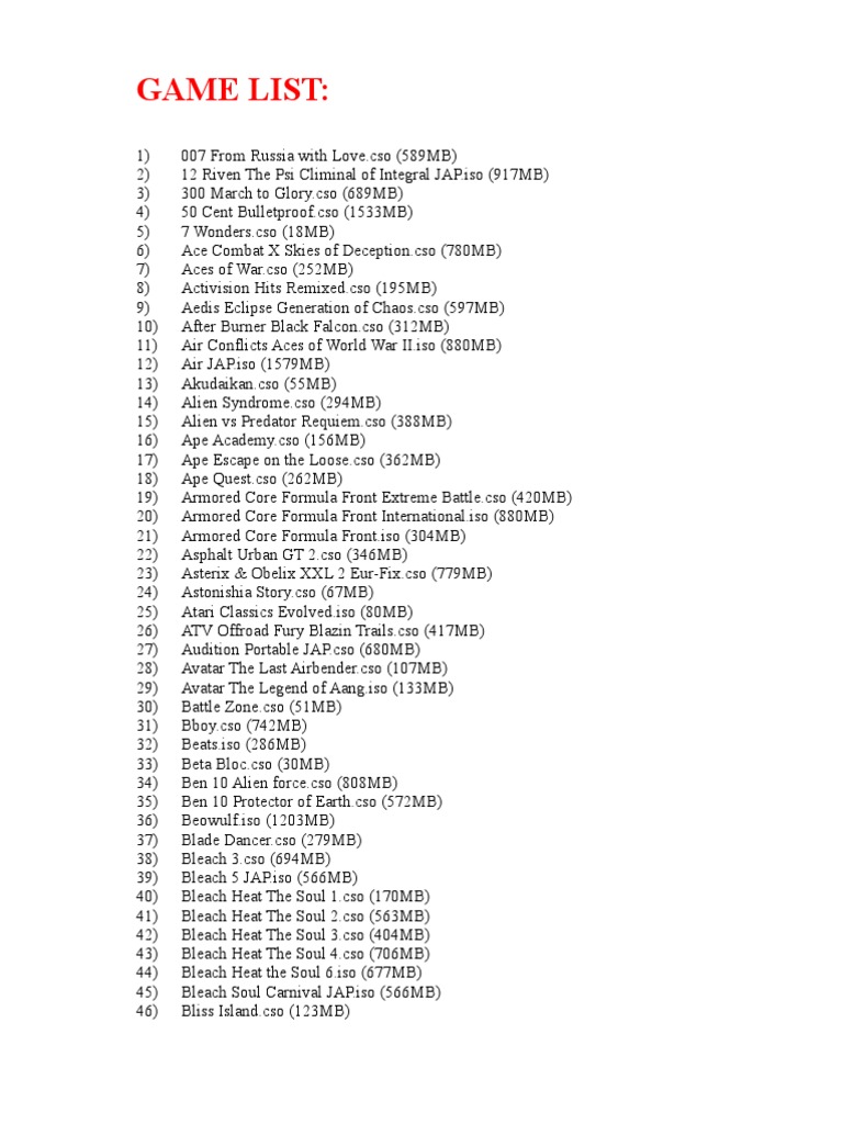 PSP Games List | Download Free PDF | Leisure | Sports