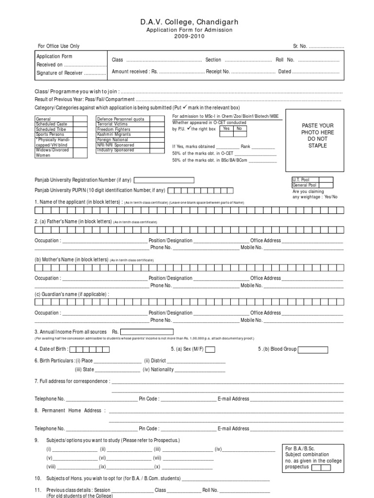 Application Form Sec 10 CHD | PDF | Bachelor Of Arts | University And ...