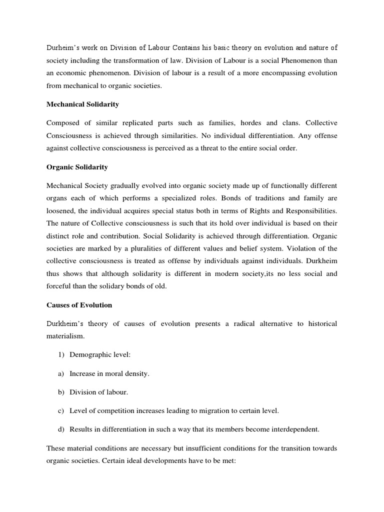 Mechanical Solidarity | PDF | Émile Durkheim | Division Of Labour