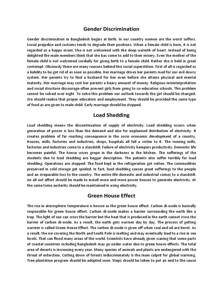 Paragraph On Gender Discrimination, Load Shedding | PDF | Pollution ...