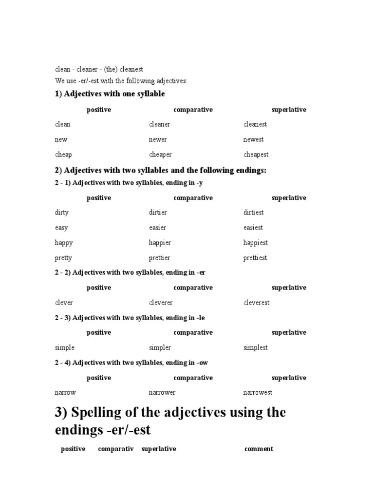3) Spelling of The Adjectives Using The Endings - Er/-Est: 1 ...