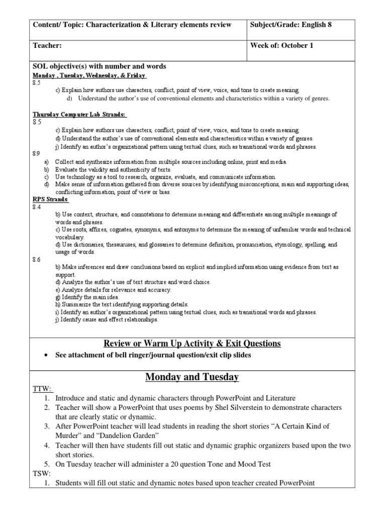 Content/ Topic: Characterization & Literary Elements Review Subject ...