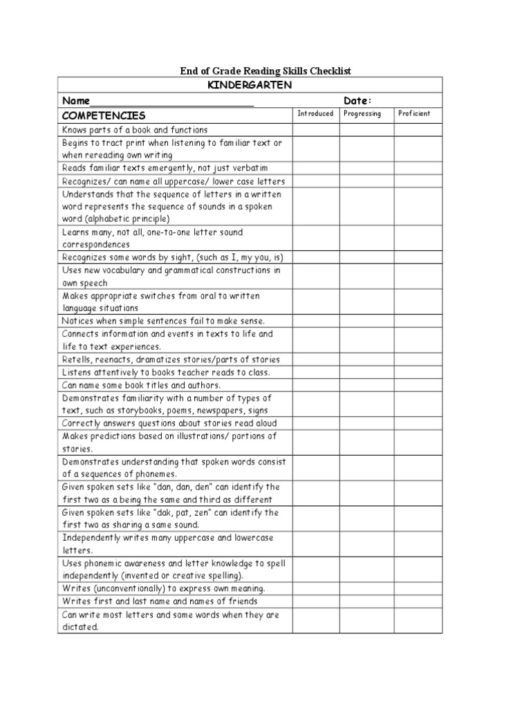 End of Grade Reading Skills ChecklistS | PDF | Reading Comprehension ...