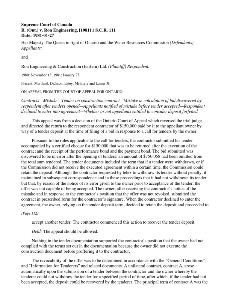 Supreme Court of Canada R. (Ont.) v. Ron Engineering, (1981) 1 S.C.R ...