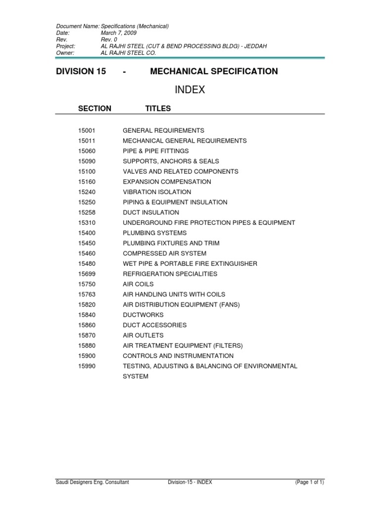 Index: Division 15 - Mechanical Specification | PDF