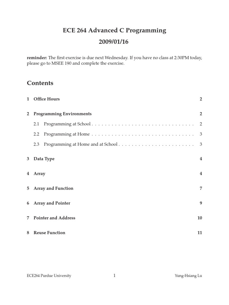 ECE 264 Advanced C Programming 2009/01/16: Reminder | PDF | Pointer (Computer Programming) | C ...