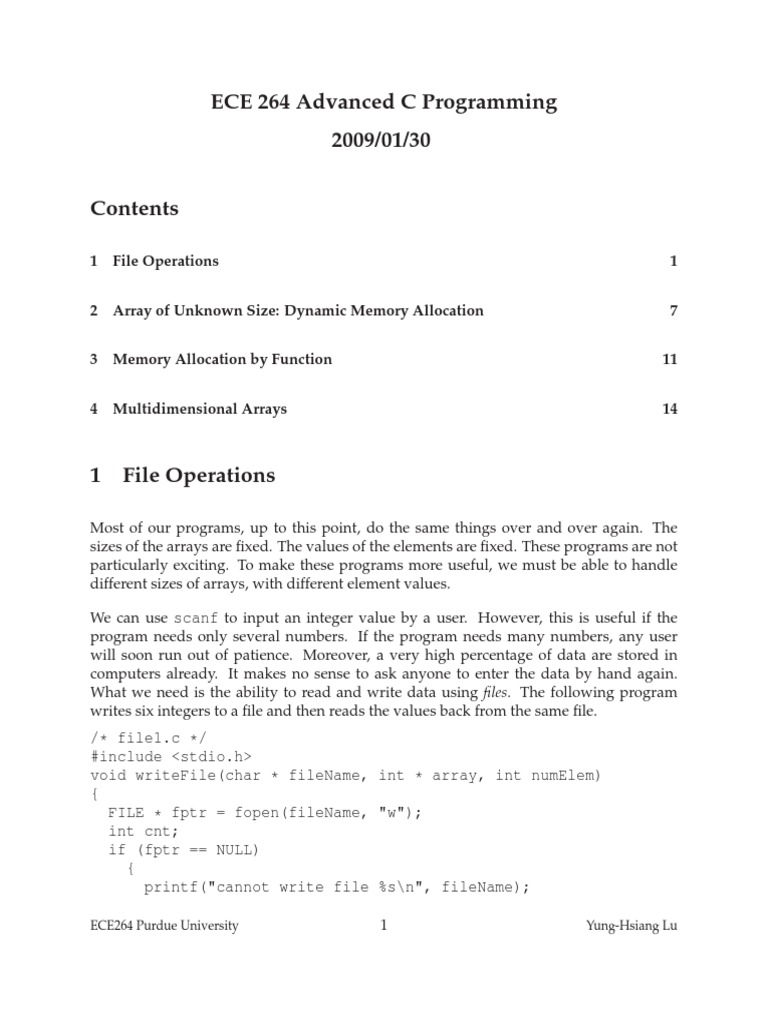 ECE 264 Advanced C Programming 2009/01/30: 1 File Operations 1 | PDF | Pointer (Computer ...