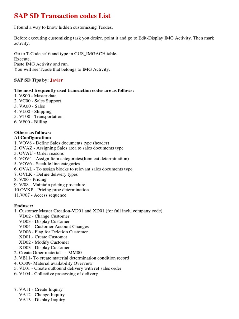SAP SD Transaction Codes List | PDF | Invoice | Information Technology Management