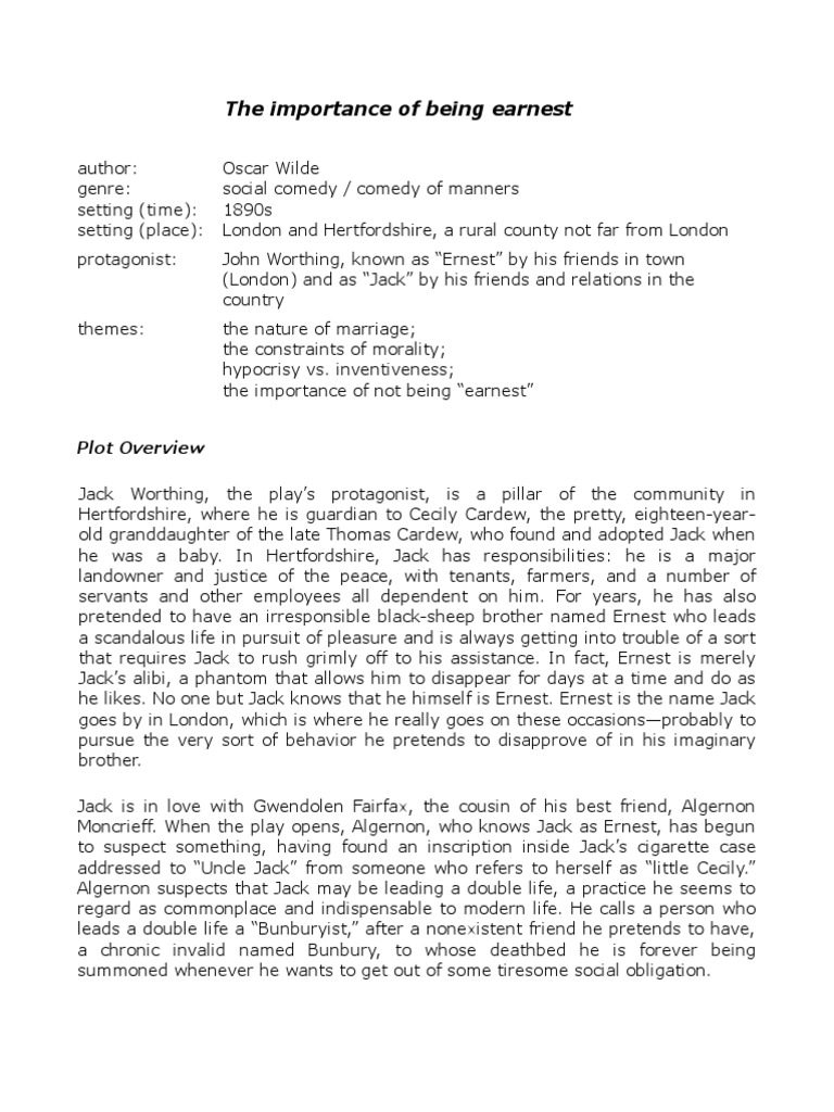 The Importance of Being Earnest - Summary and Quotes | PDF | The ...
