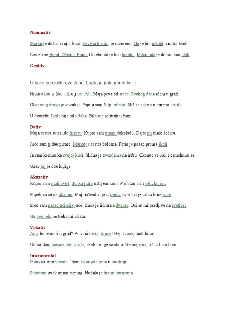 Padezi Primjeri U Recenicama | PDF