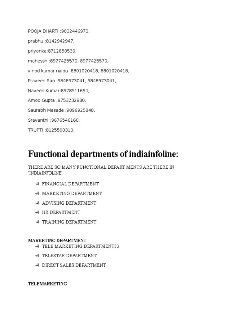 Contact List for India Infoline Departments | PDF