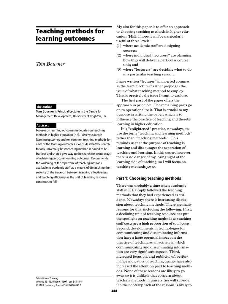 Teaching Methods For Learning Outcomes: Tom Bourner | PDF | Teaching ...