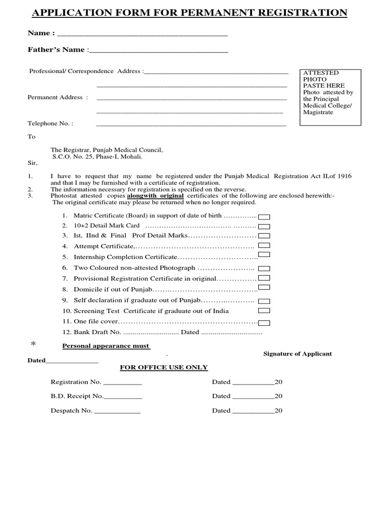Application Form For Permanent Registration | PDF | Dignity | Profession