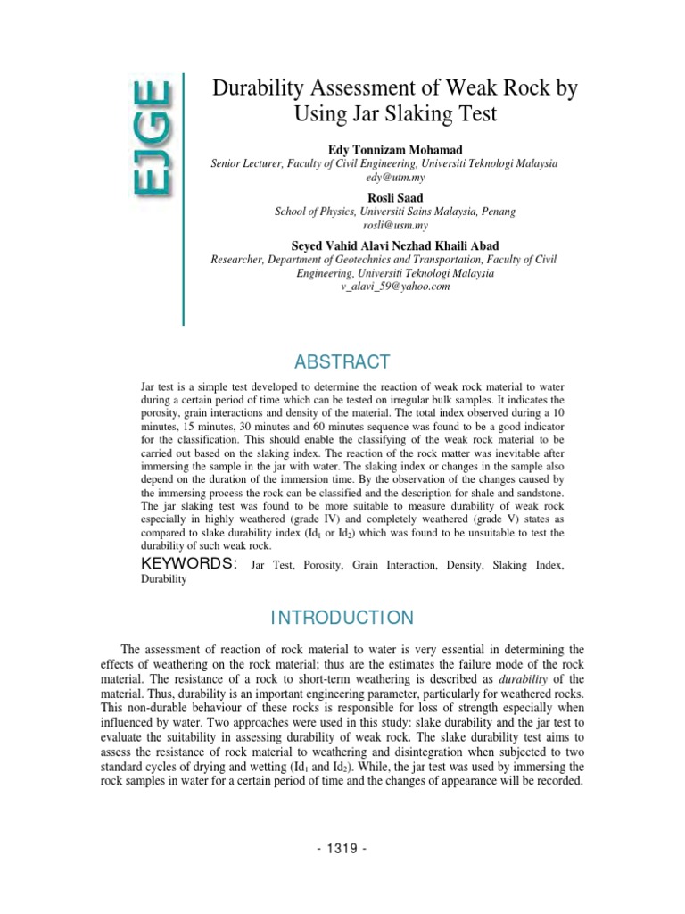 Durability Assessment of Weak Rock by Using Jar Slaking Test | PDF ...