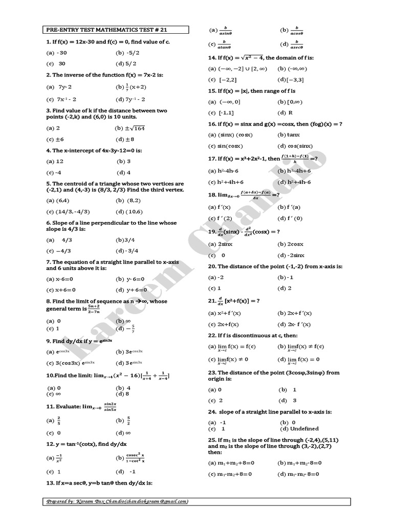 Pre-Entry Mathematics MCQs Test 21 | PDF